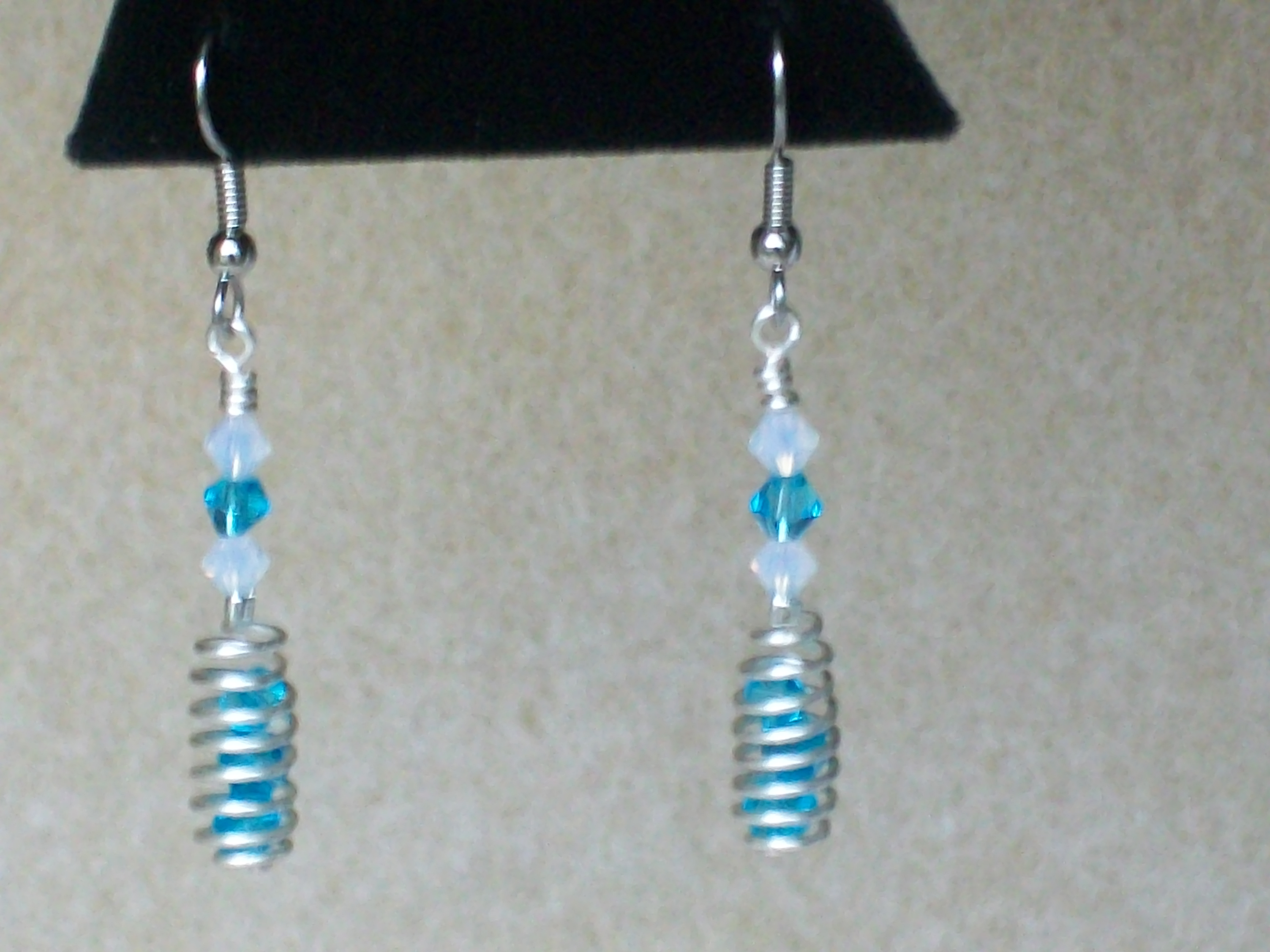 Spiral Cage Earrings Swarovski Crystals Bicones In White Opal And Aqua ...